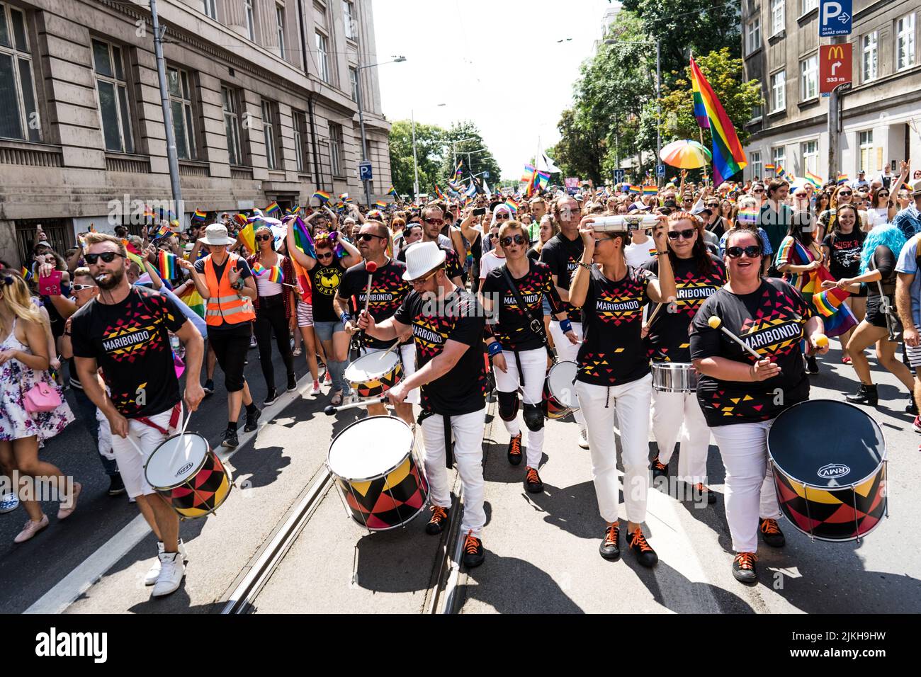 Drummers play on the pride march in Europe Stock Photo - Alamy