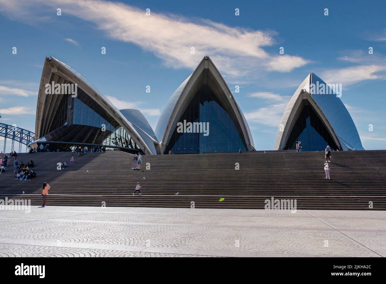 The view of the staircase with people against the Sydney Opera house ...