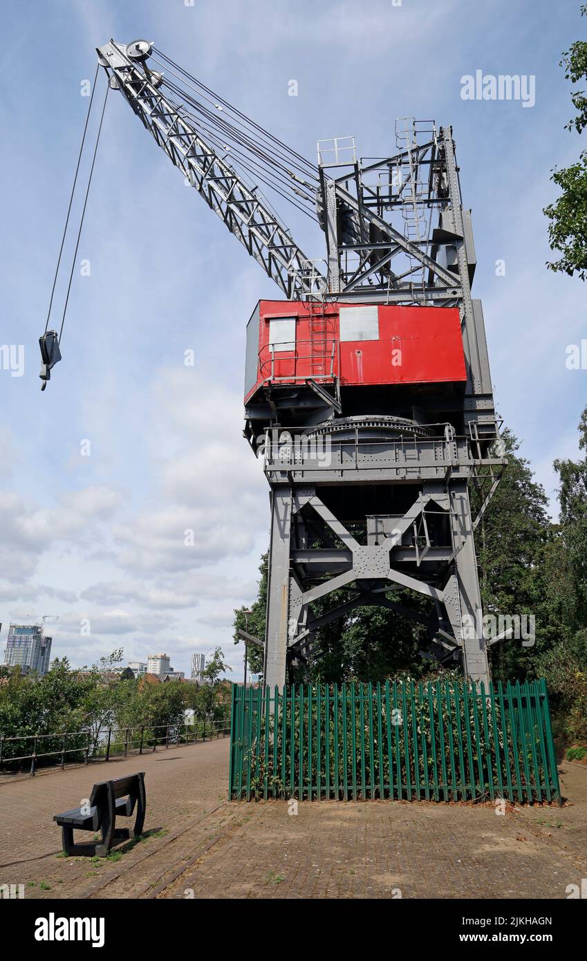Derrick. Crane. Red and grey. disused.. Atlantic Wharf, Cardiff. Summer ...