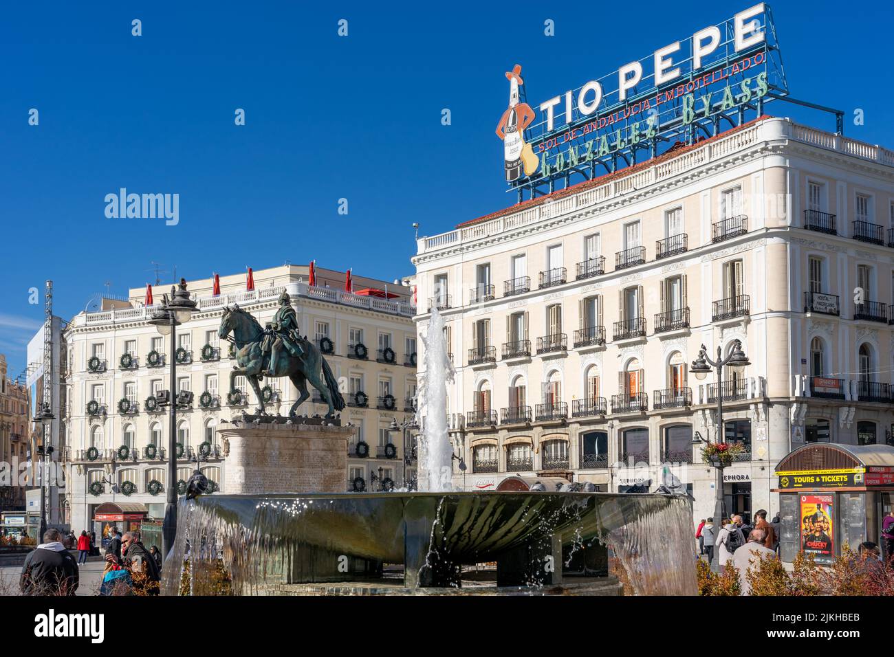 The beautiful architecture in downtown Madrid at the Puerta del Sol and ...