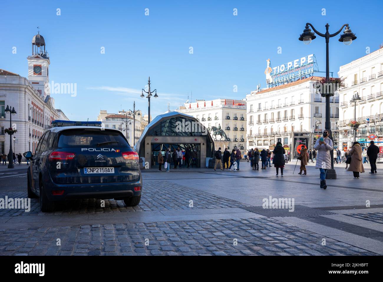 The beautiful architecture in downtown Madrid at the Puerta del Sol and ...