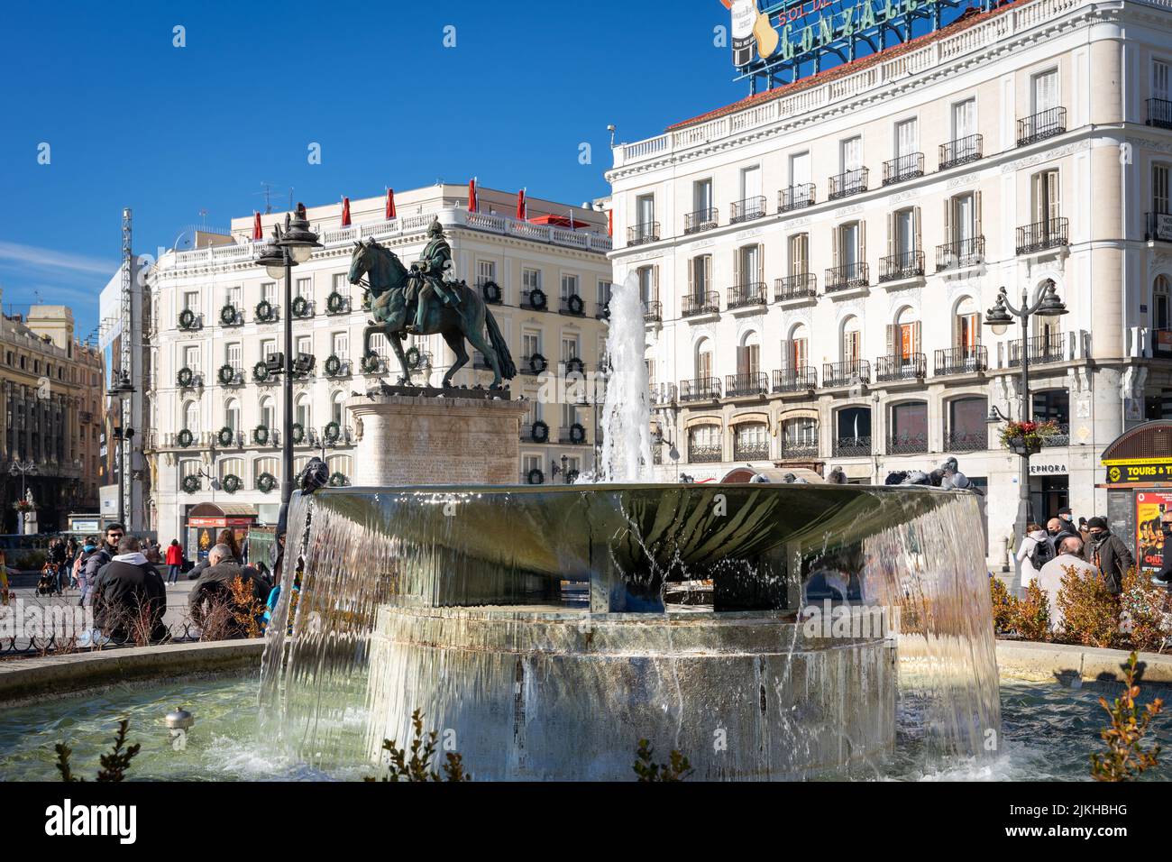 The beautiful architecture in downtown Madrid at the Puerta del Sol and ...