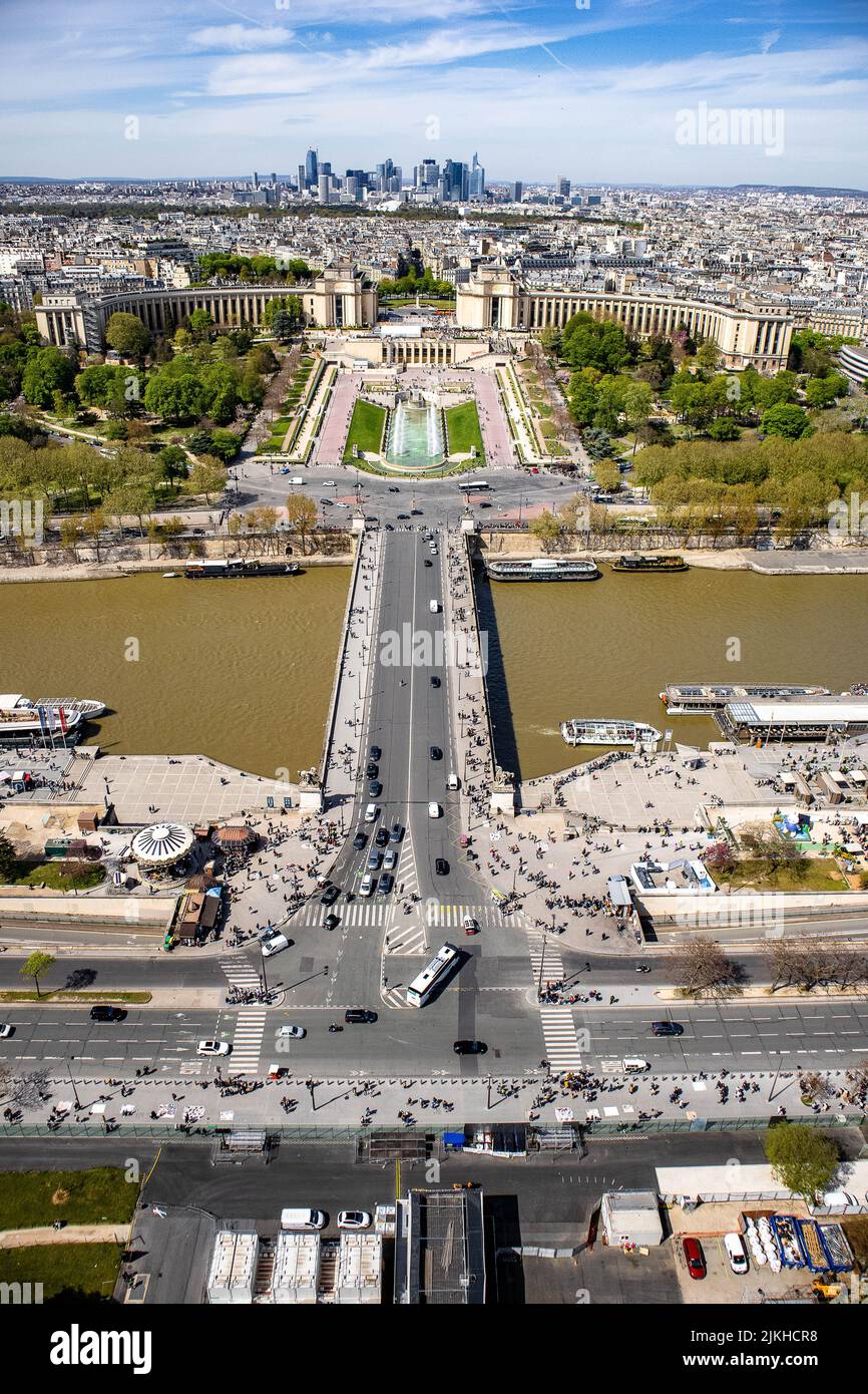 A vertical top view from the Eiffel Tower of the landmarks of Paris ...