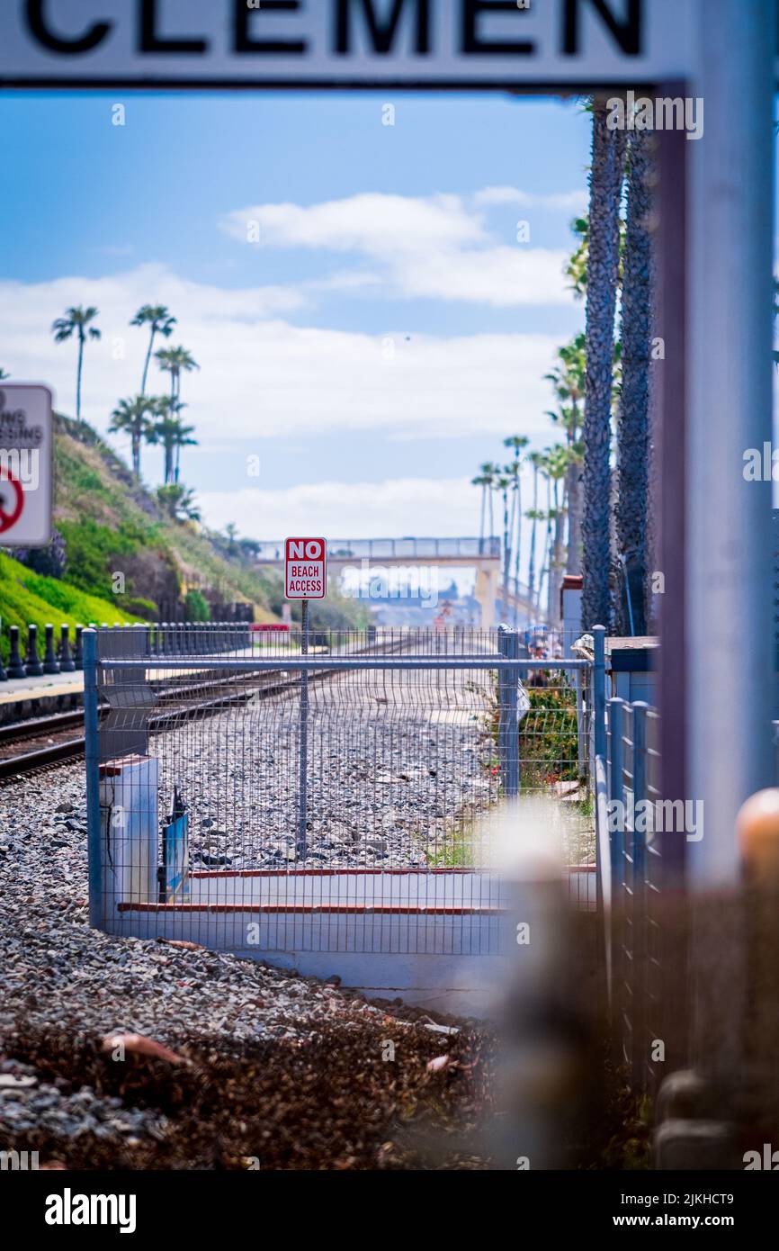 A vertical shot of a railroad station and the train tracks in San ...