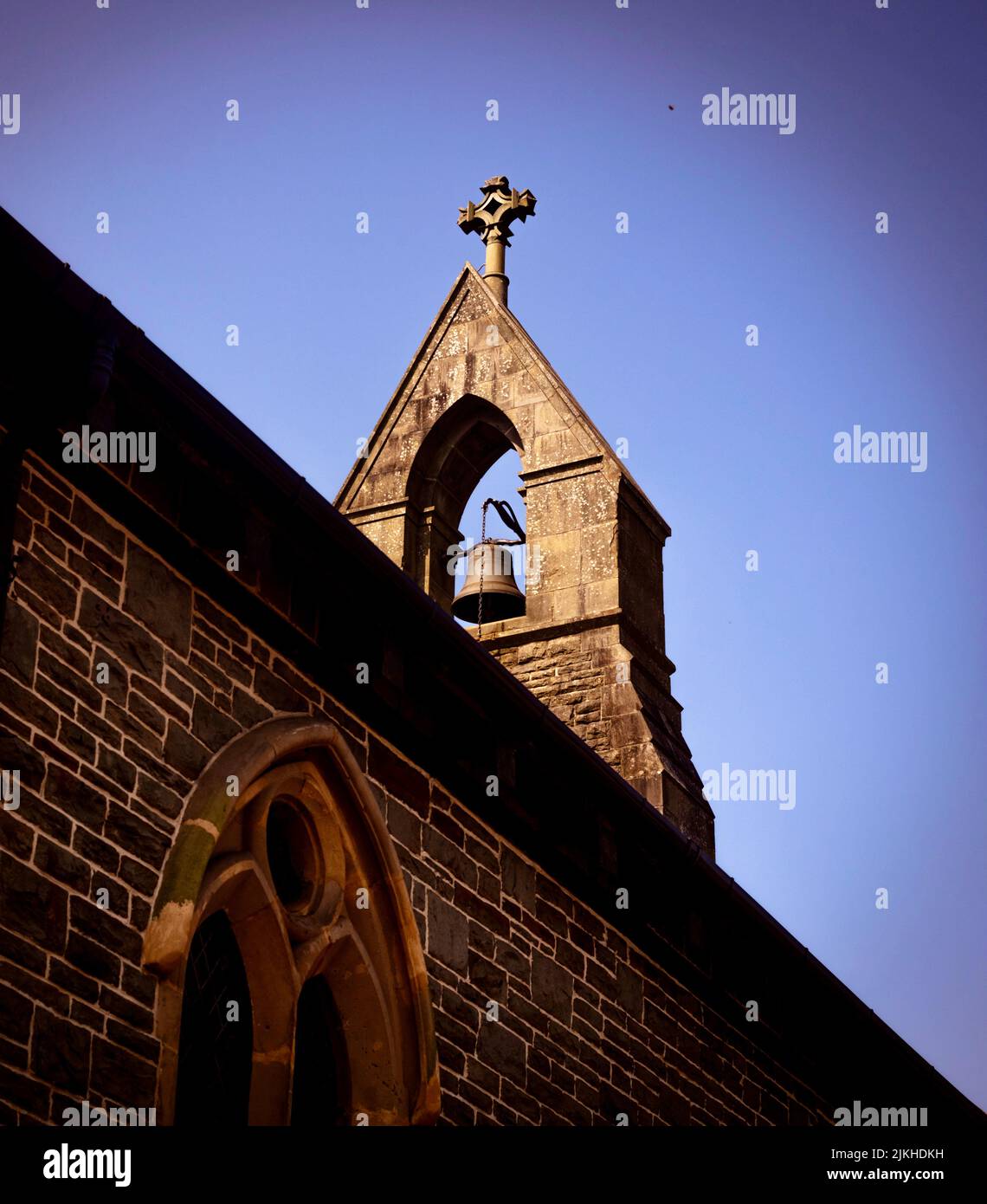 The bell tower of the Saint Winifred's church Penrhiwceiber in Wales ...