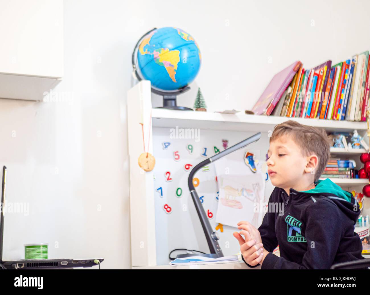 Distance learning online education. The student studies at home and ...