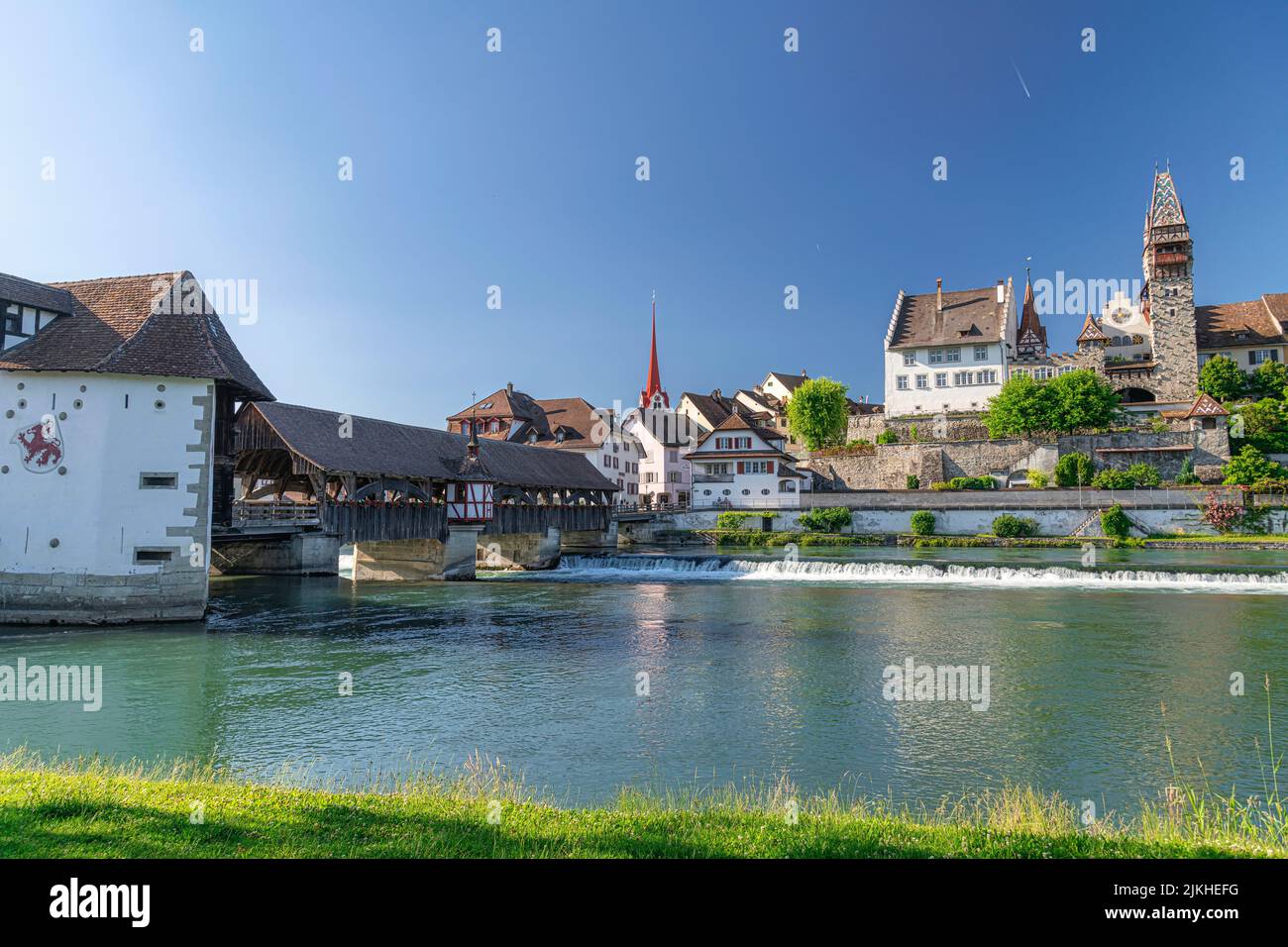 The medieval wooden bridge over Reuss river in Bremgarten is very known ...