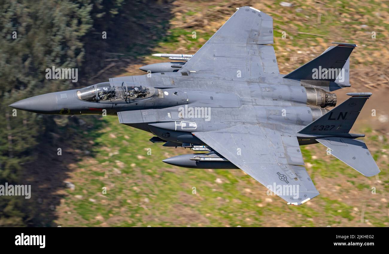 A USAF F15E jet training in the Mach Loop, North Wales, the UK Stock ...