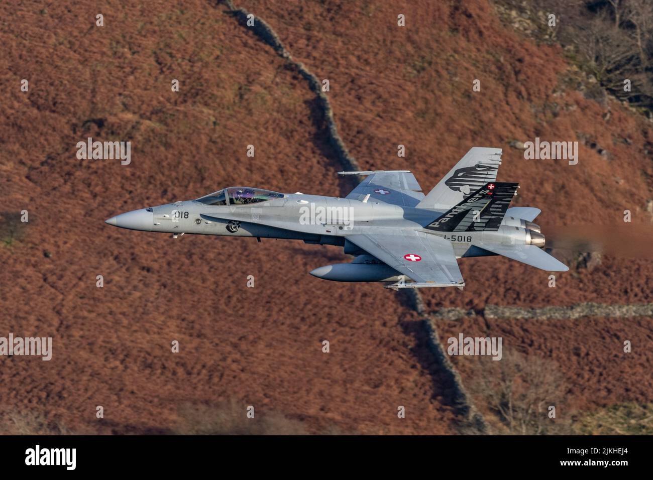 A Swiss Air Force F18 Hornet low-level training over Thirlmere Lake ...