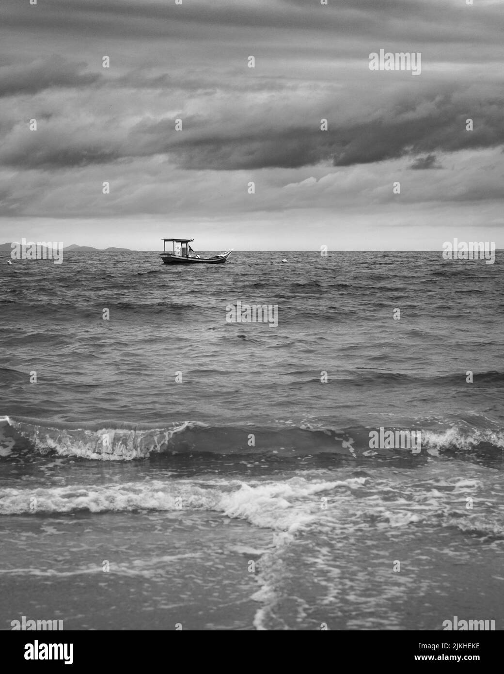 A vertical grayscale shot of the tranquil waves washing the sandy beach ...