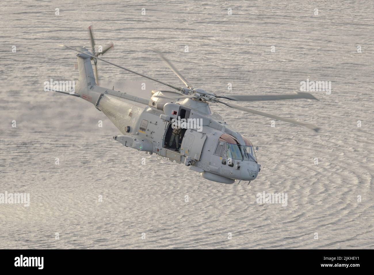 An AgustaWestland Merlin helicopter flying low level over Thirlmere ...