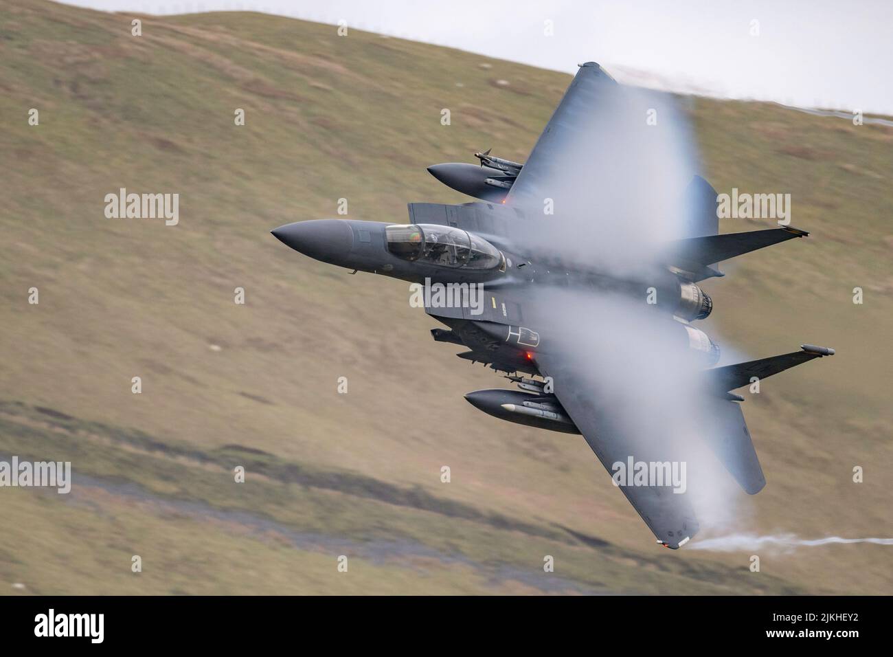 An aerial shot of a USAF F15E jet training in the Mach Loop, North ...