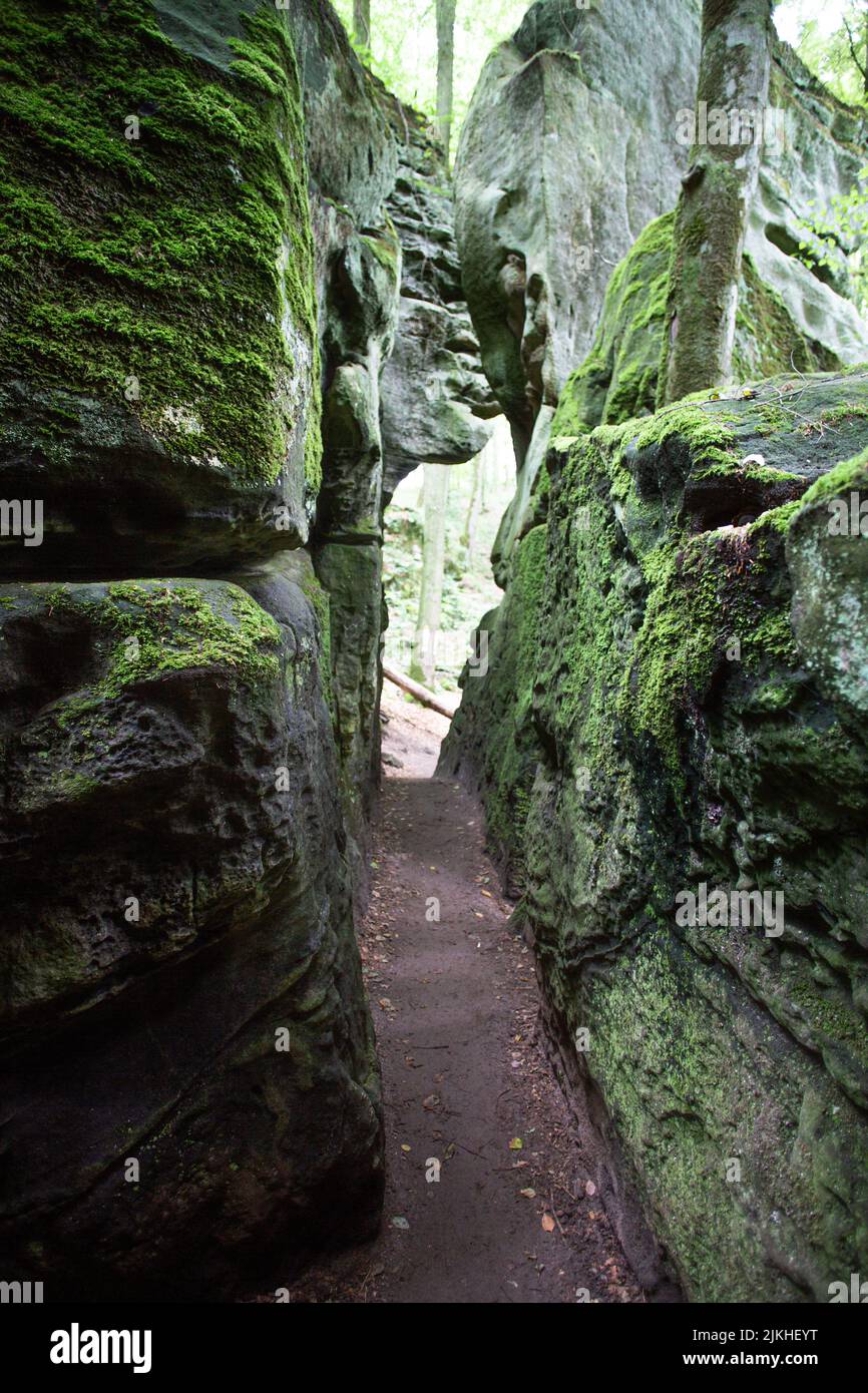 A narrow path in between two rocks in Luxemburg Stock Photo - Alamy