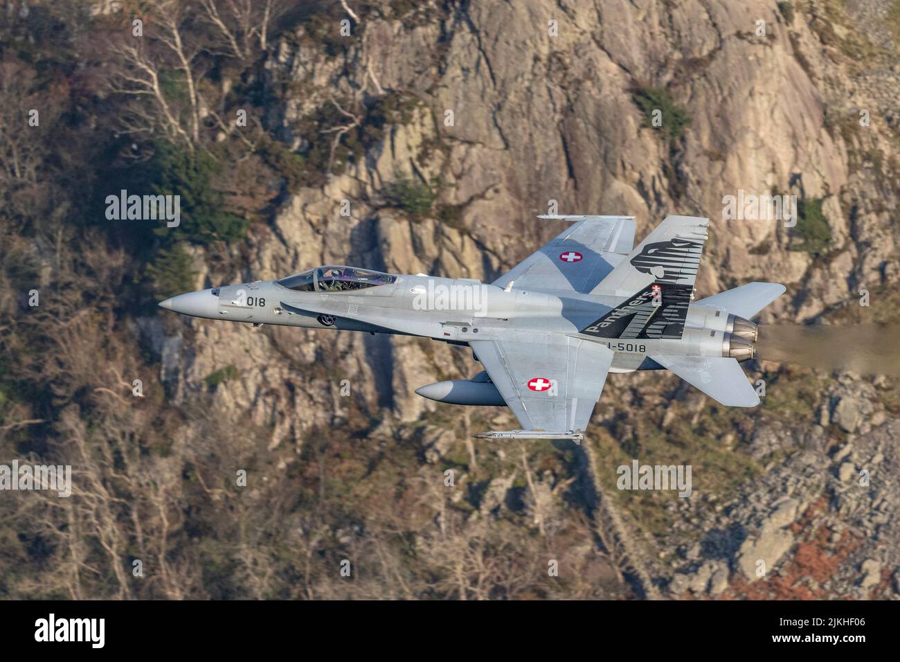 A Swiss Air Force F18 Hornet low-level training over Thirlmere Lake ...