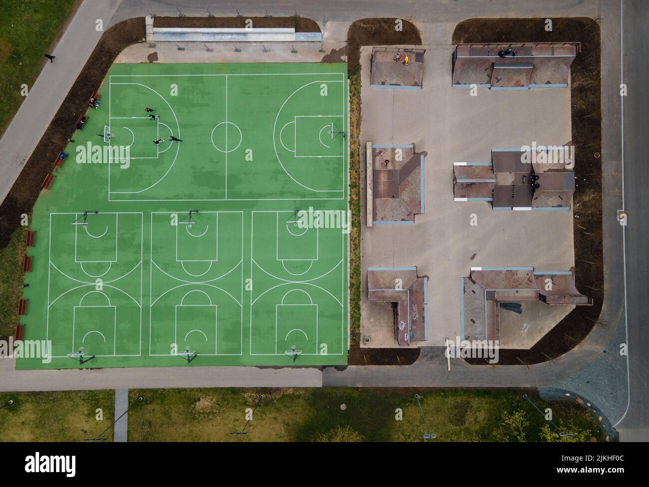 An aerial view of basketball and skating pitches in Kaunas, Lithuania ...
