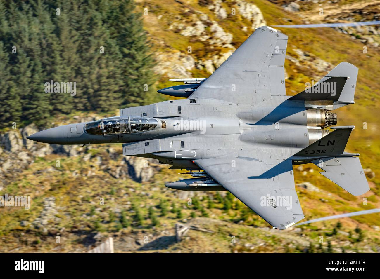 A low-flying aircraft F15E Lakenheath Jet USAF training in Mach Loop ...