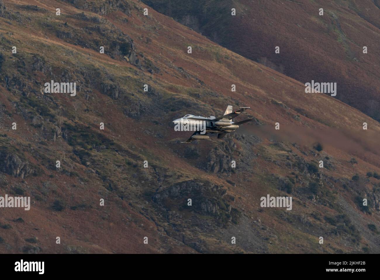 A Swiss Air Force F18 Hornet low-level training over Thirlmere Lake ...