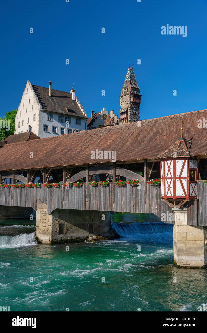 The medieval wooden bridge over Reuss river in Bremgarten is very known ...