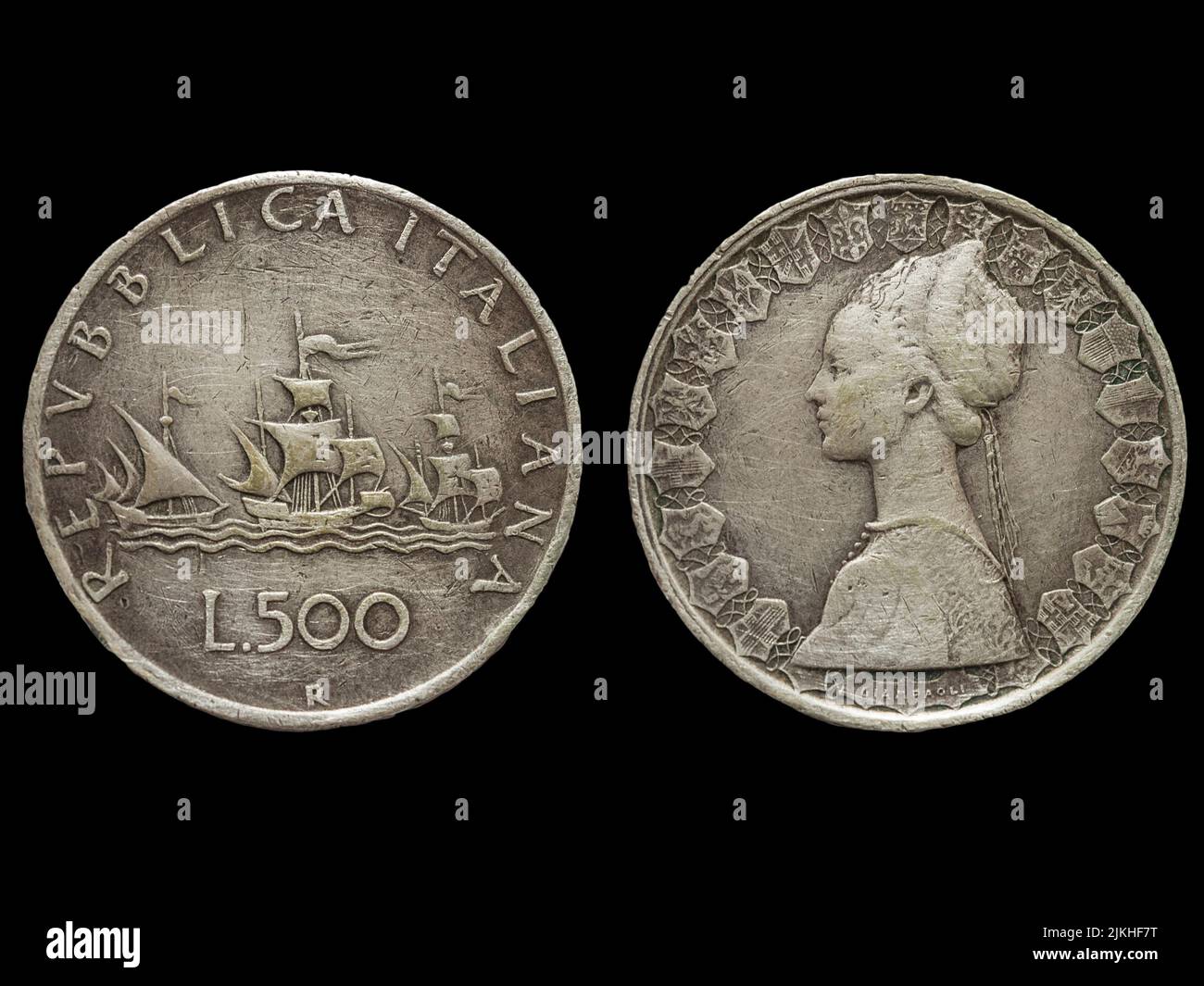 The Old Italian lira coin obverse and reverse on isolated black ...