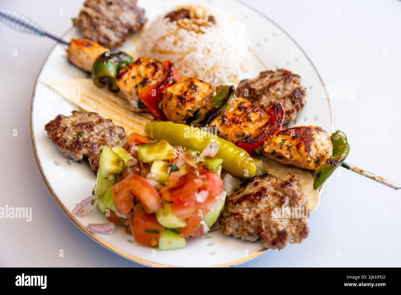 Turkish food, barbecue meat skewers and eggplant cream with sesame ...