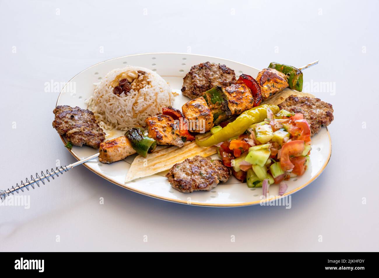 Turkish food, barbecue meat skewers and eggplant cream with sesame ...