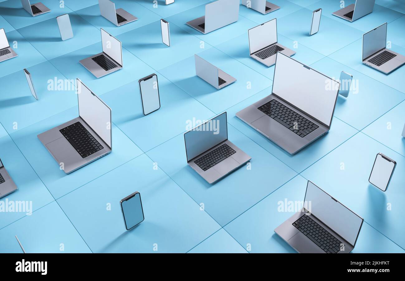 A 3D illustration of laptops and smartphones on blue background-concept ...