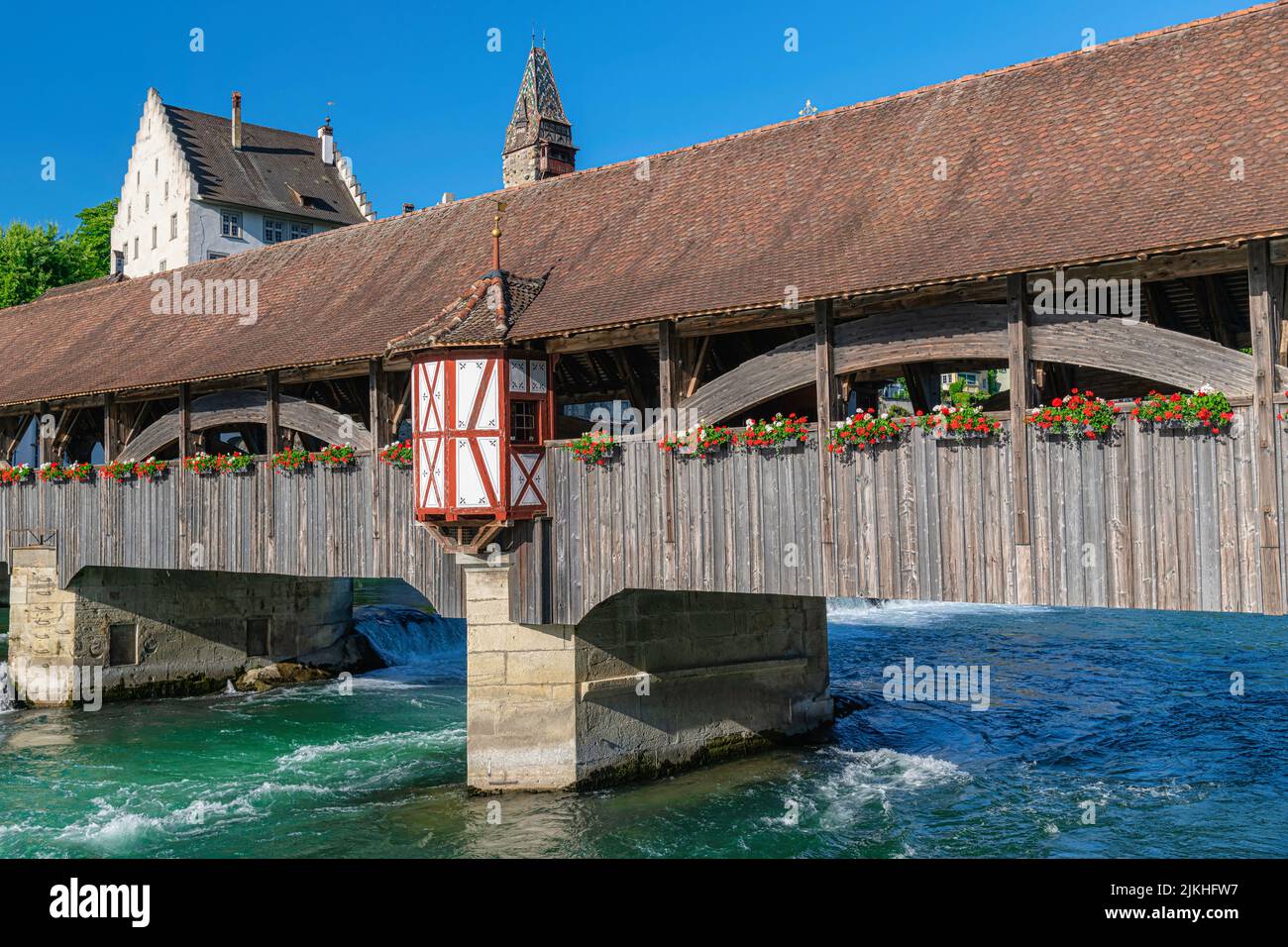 The medieval wooden bridge over Reuss river in Bremgarten is very known ...
