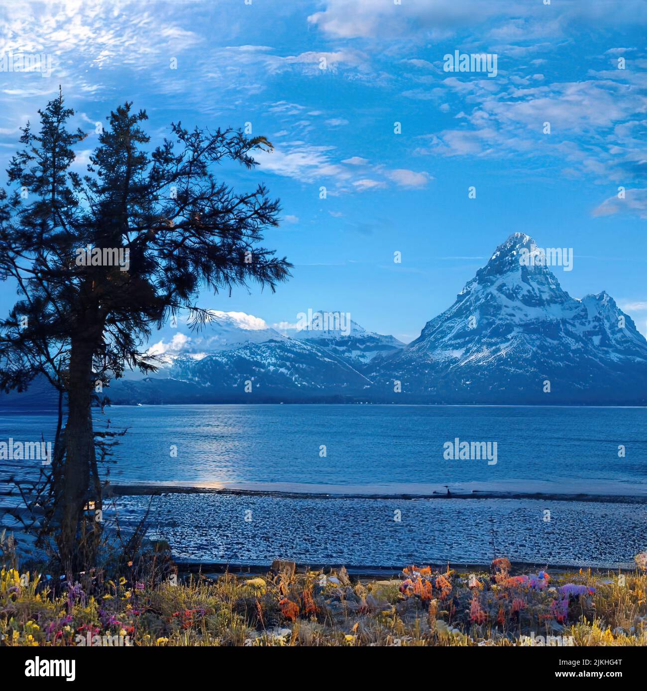 A scenic view of a tree and rocky mountains surrounding a tranquil lake ...