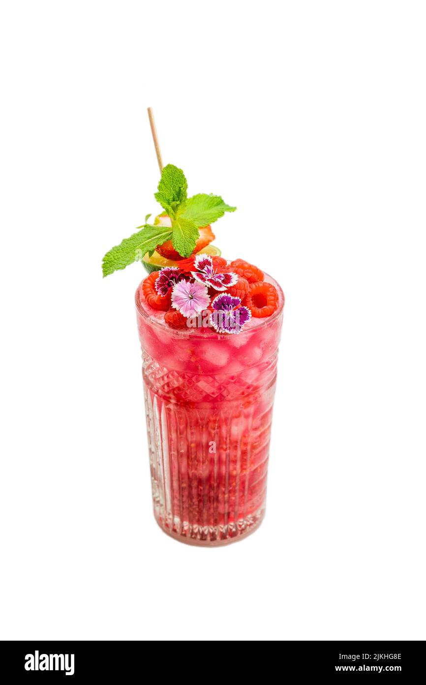 Raspberry cocktail with decorative elements isolated on white ...