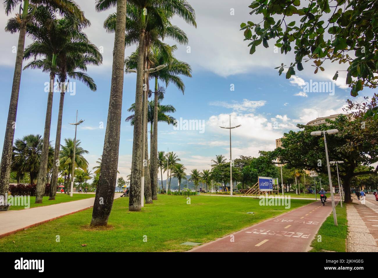 gardens and bike lane of Santos city beach on the coast of Sao Paulo ...