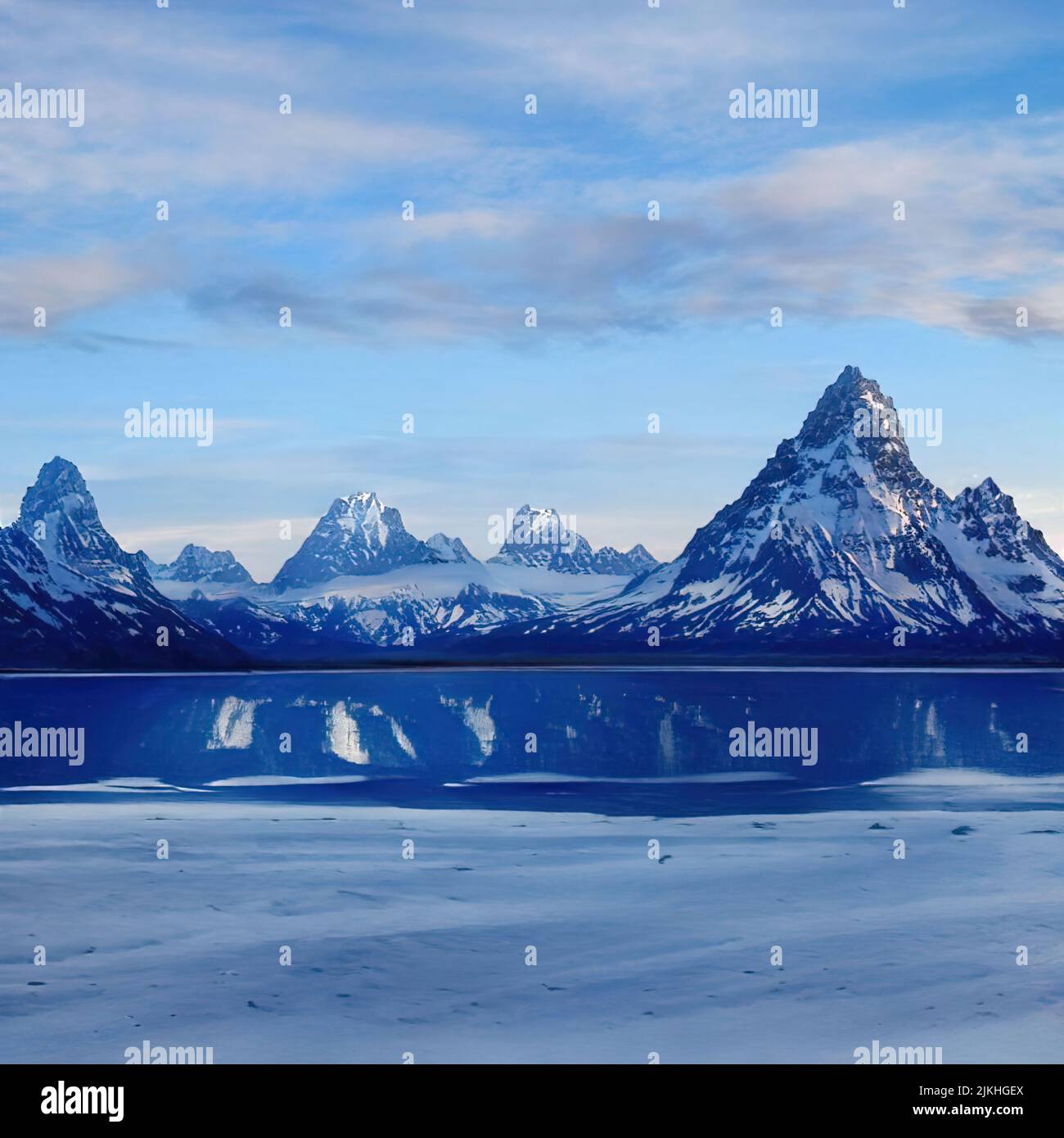 A natural landscape view of snow-peaked mountains and a frozen lake ...