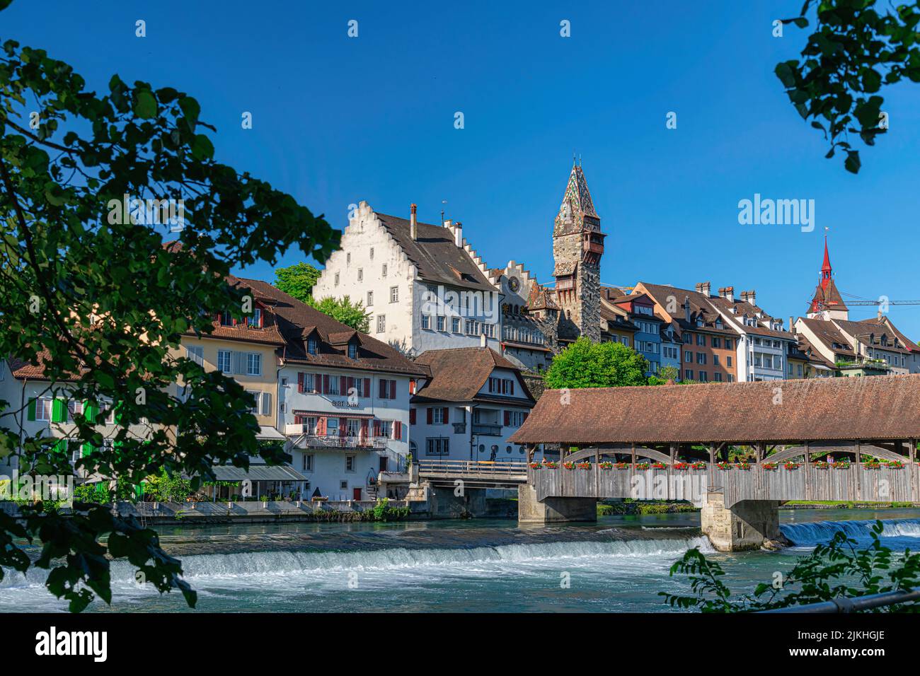 The medieval wooden bridge over Reuss river in Bremgarten is very known ...