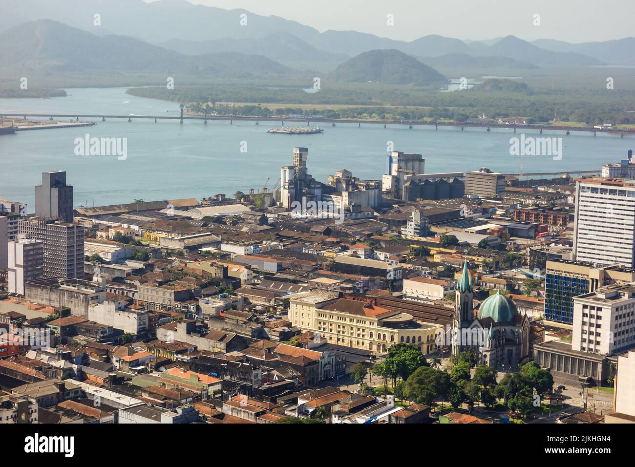 aerial panoramic of Santos city downtown and the port area on ...