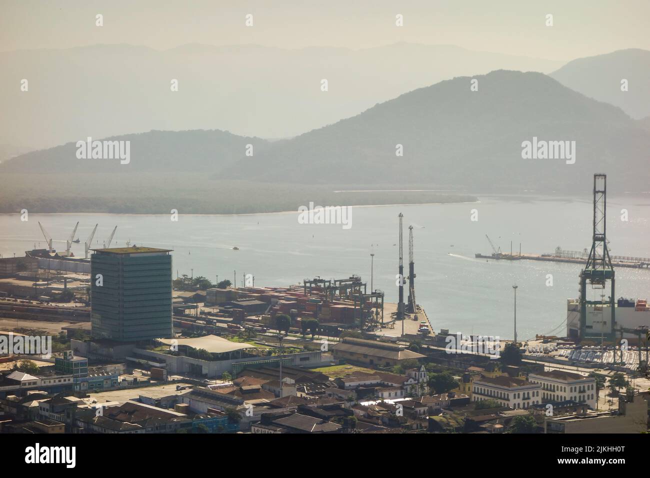 aerial view of Port of Santos harbor and cityscape, Sao Paulo coast ...