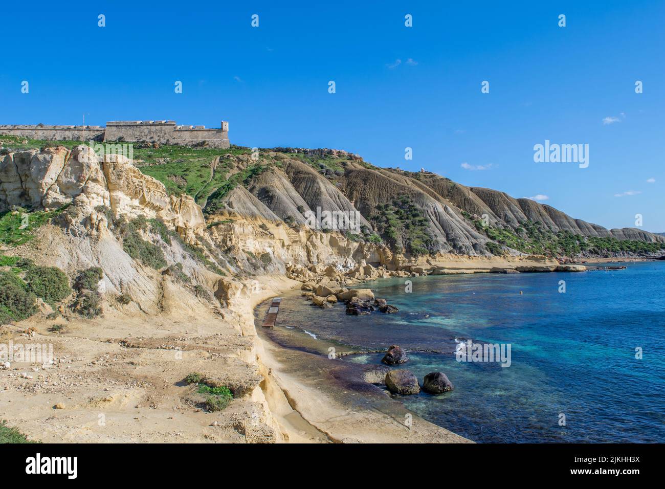 Panoramic view of hills and Fort Chambray, in Gozo, Malta, fortress ...