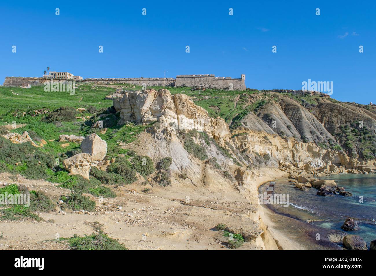 Panoramic view of hills and Fort Chambray, in Gozo, Malta, fortress ...