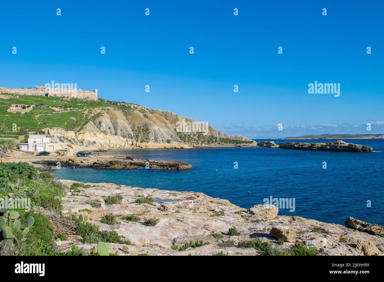 Panoramic view of hills and Fort Chambray, in Gozo, Malta, fortress ...
