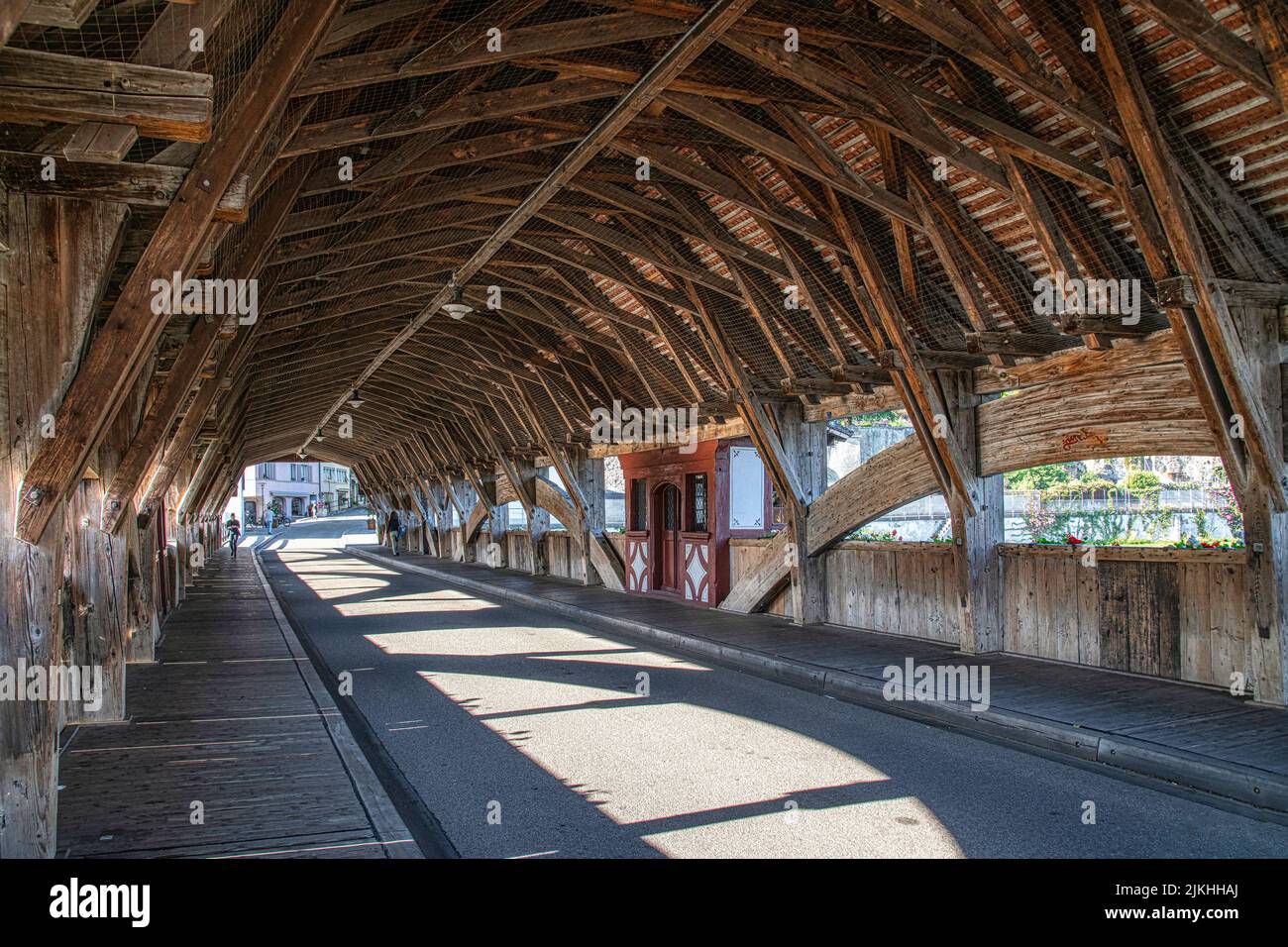 The medieval wooden bridge over Reuss river in Bremgarten is very known ...