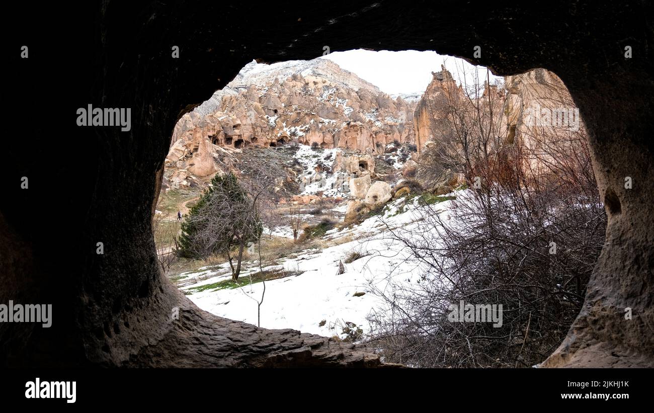A view of a natural rock cave in wild nature with dry trees outside in ...