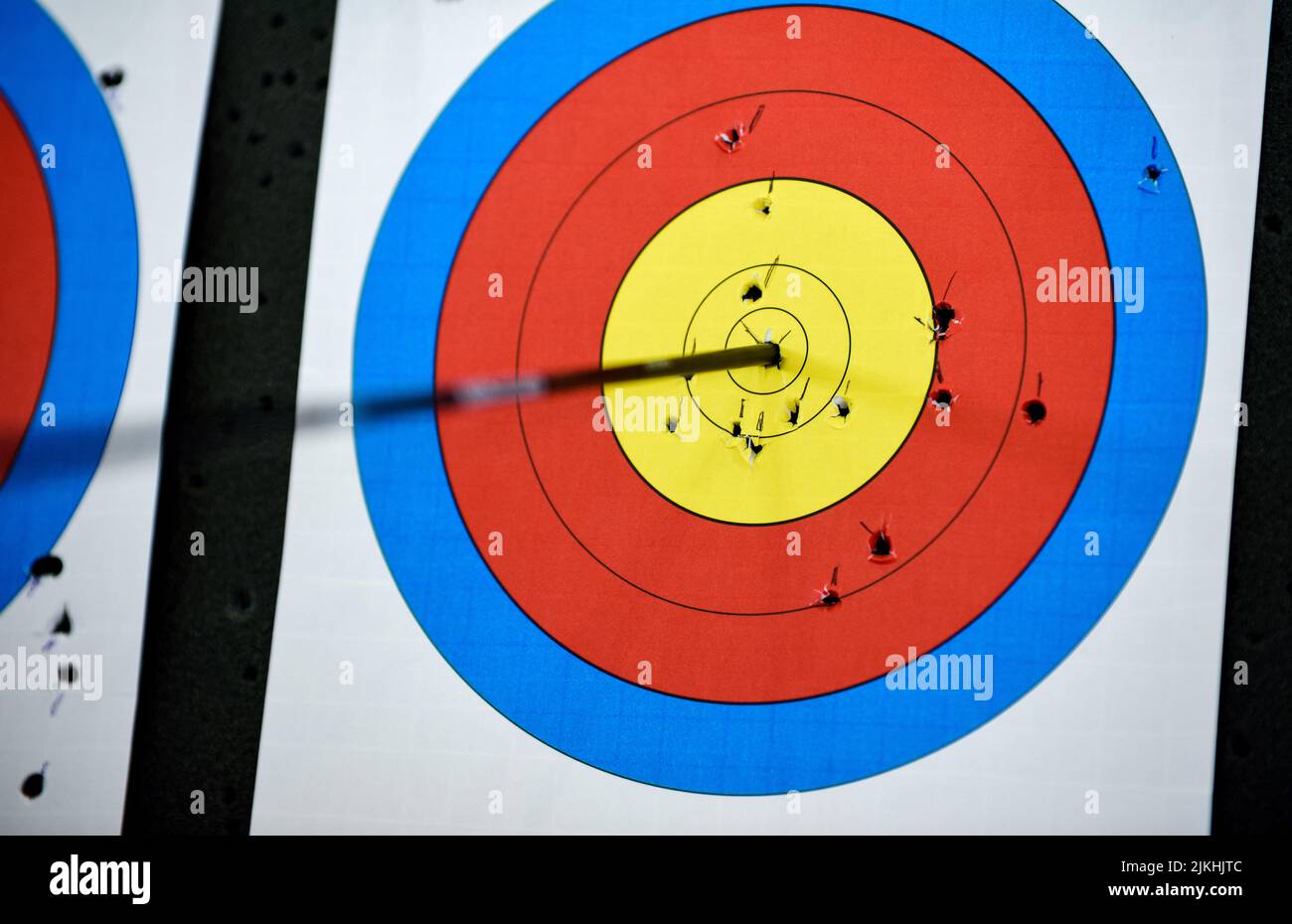 A closeup of an arrow hit to the center of the target on a white background - business success ...