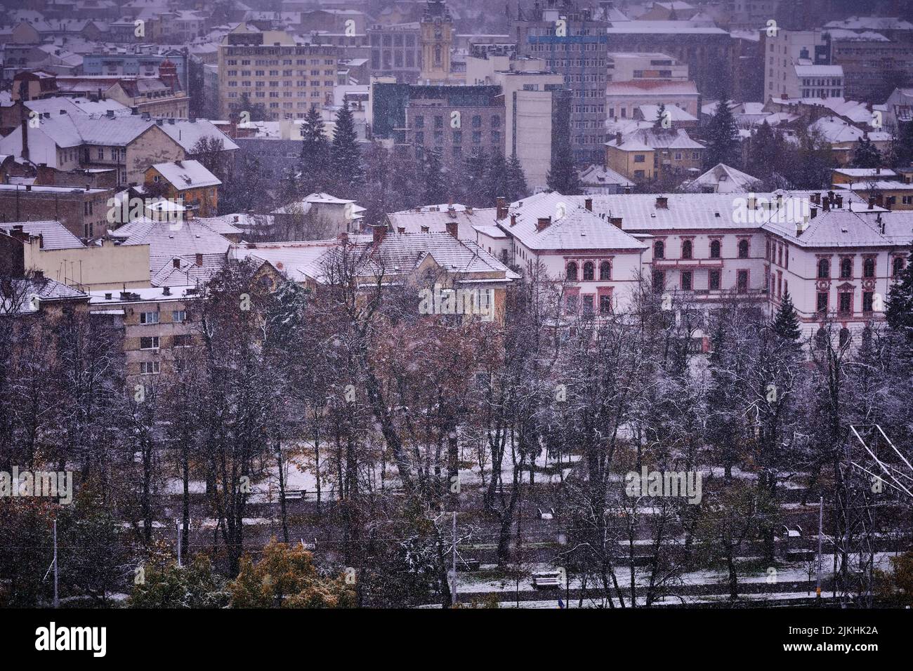 The City covered with snow during winter in Cluj, Romania Stock Photo ...