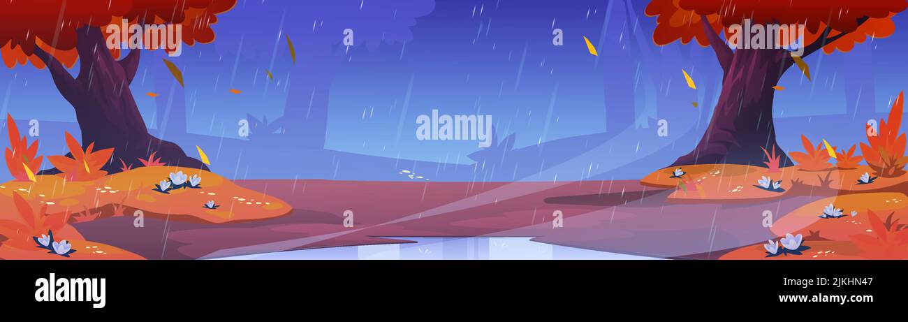 Rain in autumn forest, wild nature landscape. Cartoon fall wood ...