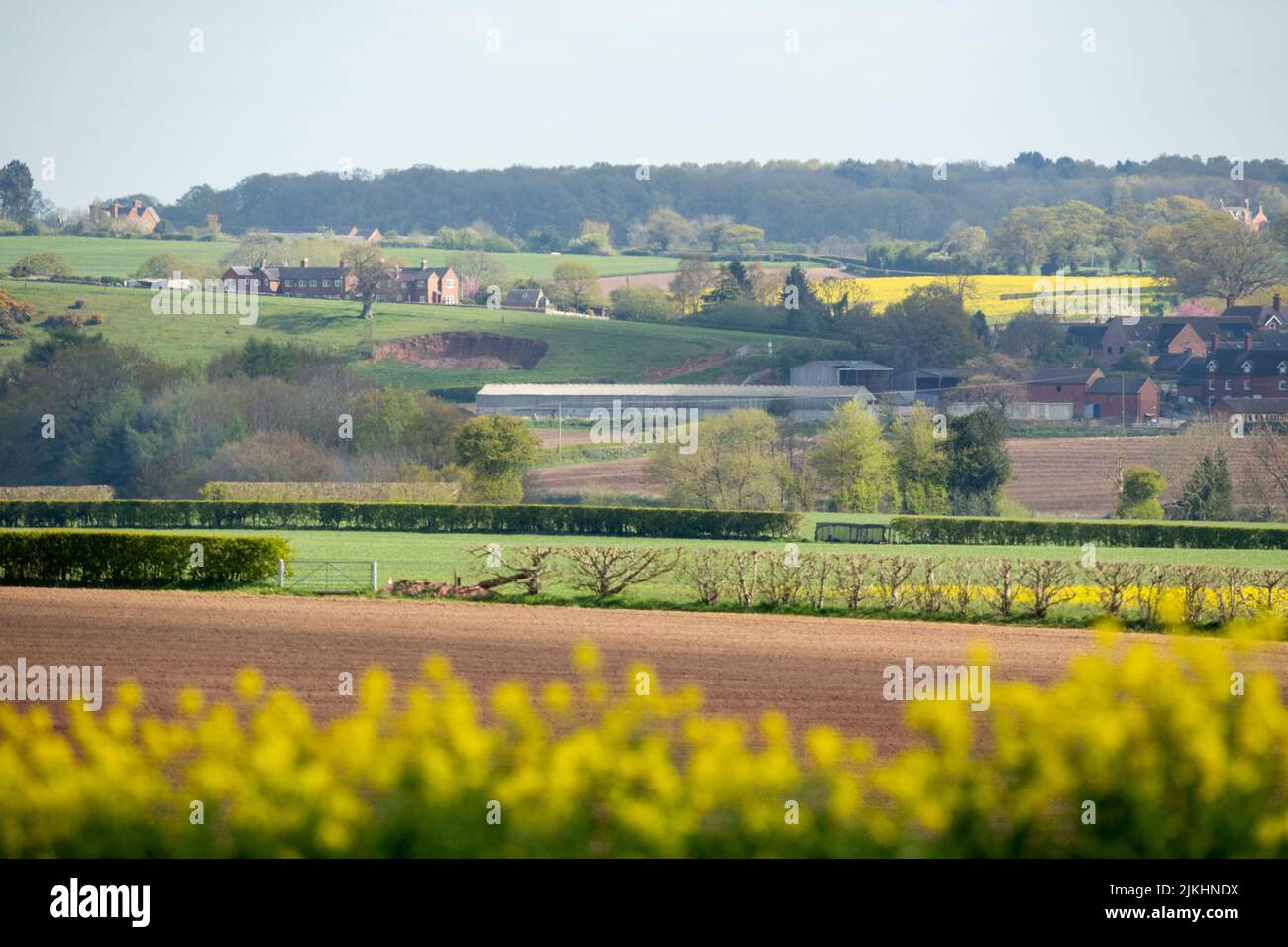 A bright summer day in the rural countryside with big open fields ...