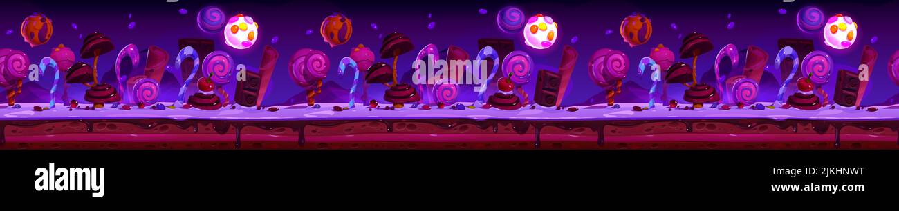 Candy planet night landscape, cartoon game platform. Horizontal ...