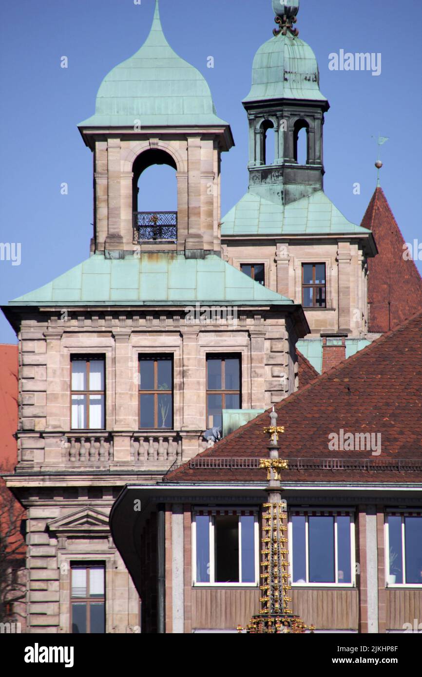 A vertical shot of historical buildings in the old town of Nuremberg ...