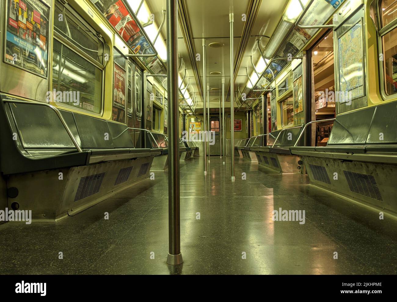 a low angle shot of Empty subway train in New York Stock Photo - Alamy