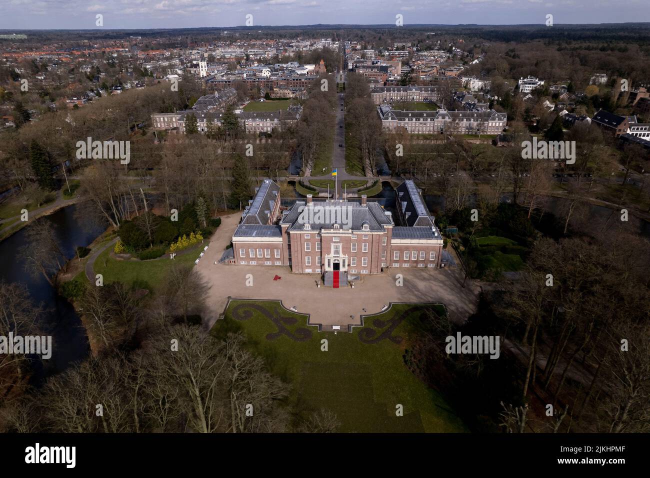 Aerial showing Slot Zeist castle with the moated manor surrounded by ...