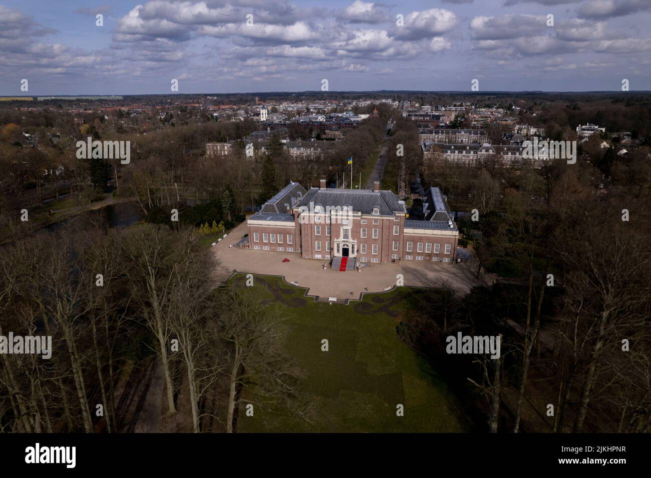 Slot Zeist castle aerial with the moated manor surrounded by green park ...