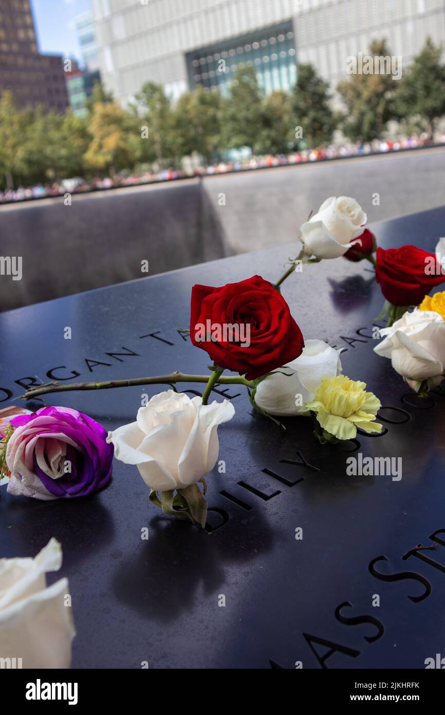 A vertical shot of some roses on the Ground Zero memorial Stock Photo ...