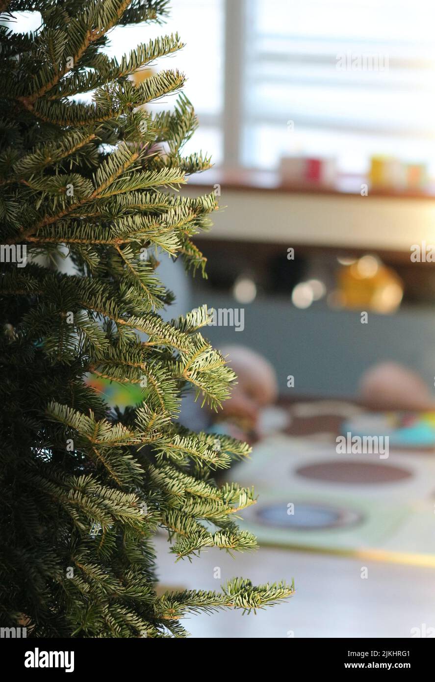 A vertical closeup shot of half of the Christmas tree inside a home on ...